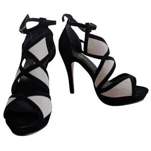SHEIN | Shoes | Shein Womens 4 Black White Strappy Velvet High Heels ...